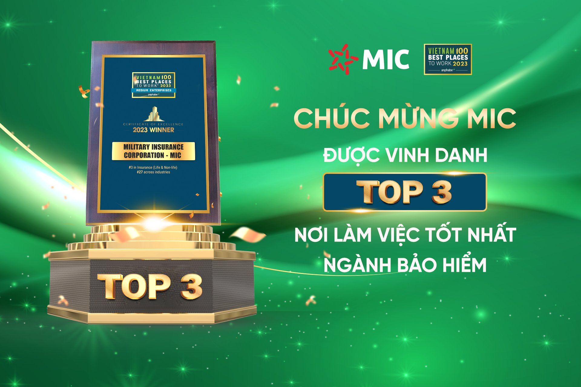 Bảo hiểm Quân đội thăng hạng được vinh danh Top 3 nơi làm việc tốt nhất ngành bảo hiểm